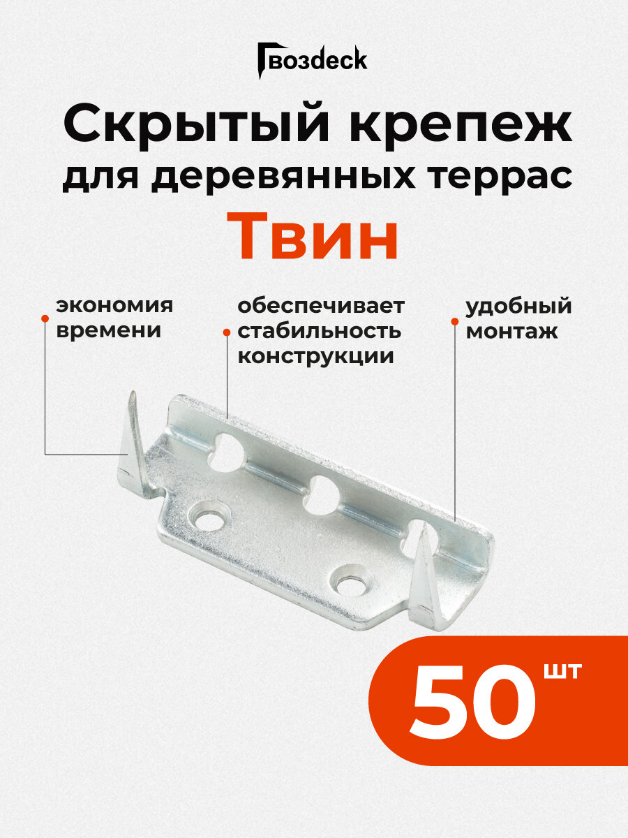 Скрытый крепеж для террасной доски Гвозdeck Твин, гальванический цинк, 50 шт