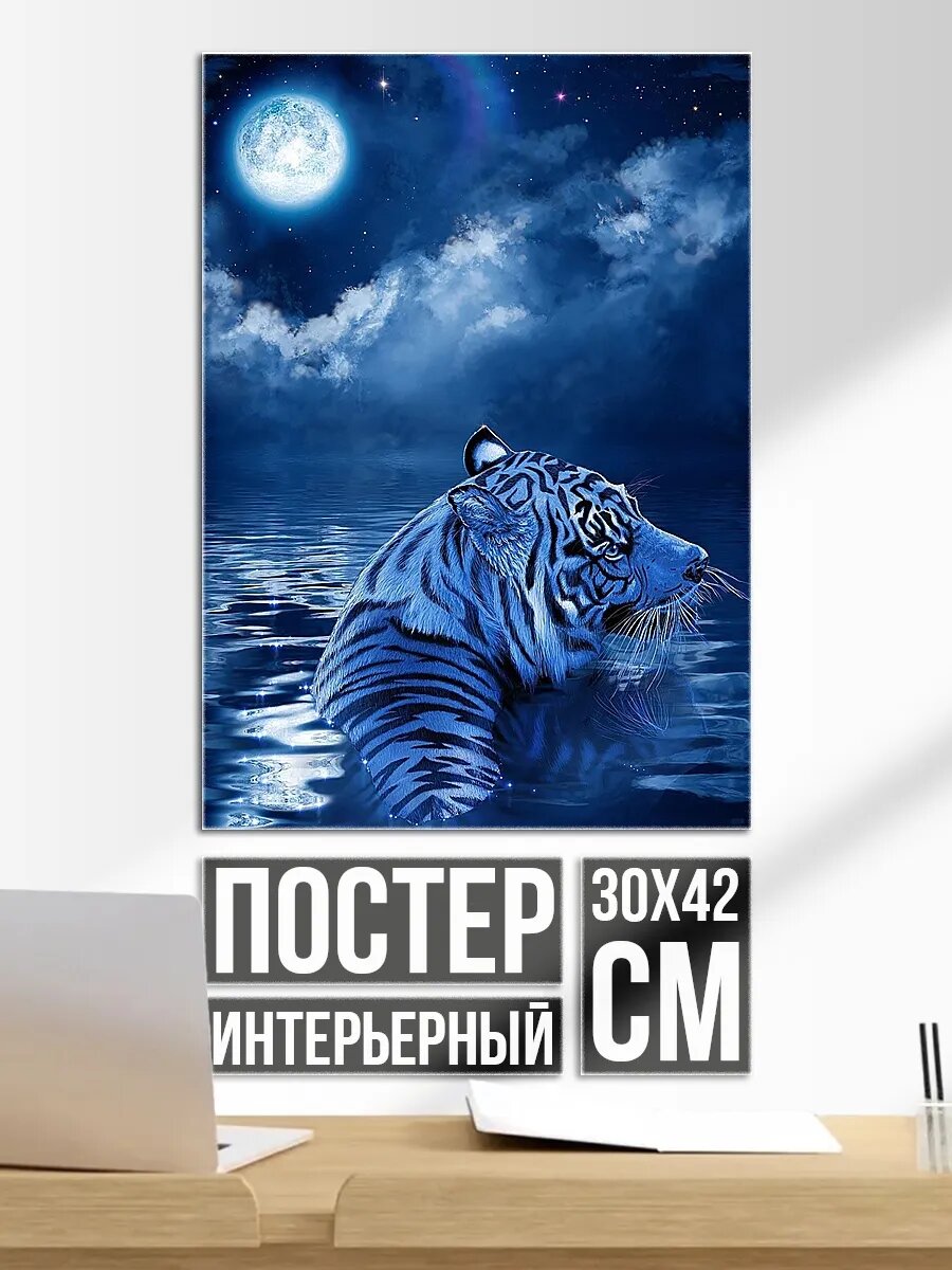 Плакат постер Синий тигр в воде