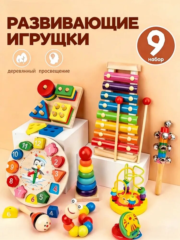 Развивающие игрушки для малышей от 1 года, набор сортер для монтессори игрушки 9 в 1, деревянные