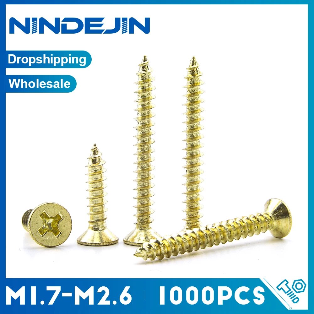 NNDEJIN крепеж винты саморезы Phillips плоская головка углеродистая сталь золото M2 1000pcs, 10mm