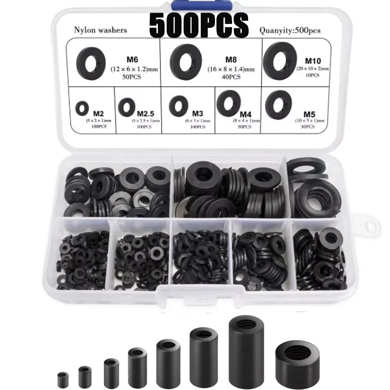 Набор из 500 шт. нейлоновых плоских шайб M2-M10 черных и белых 500pcs1