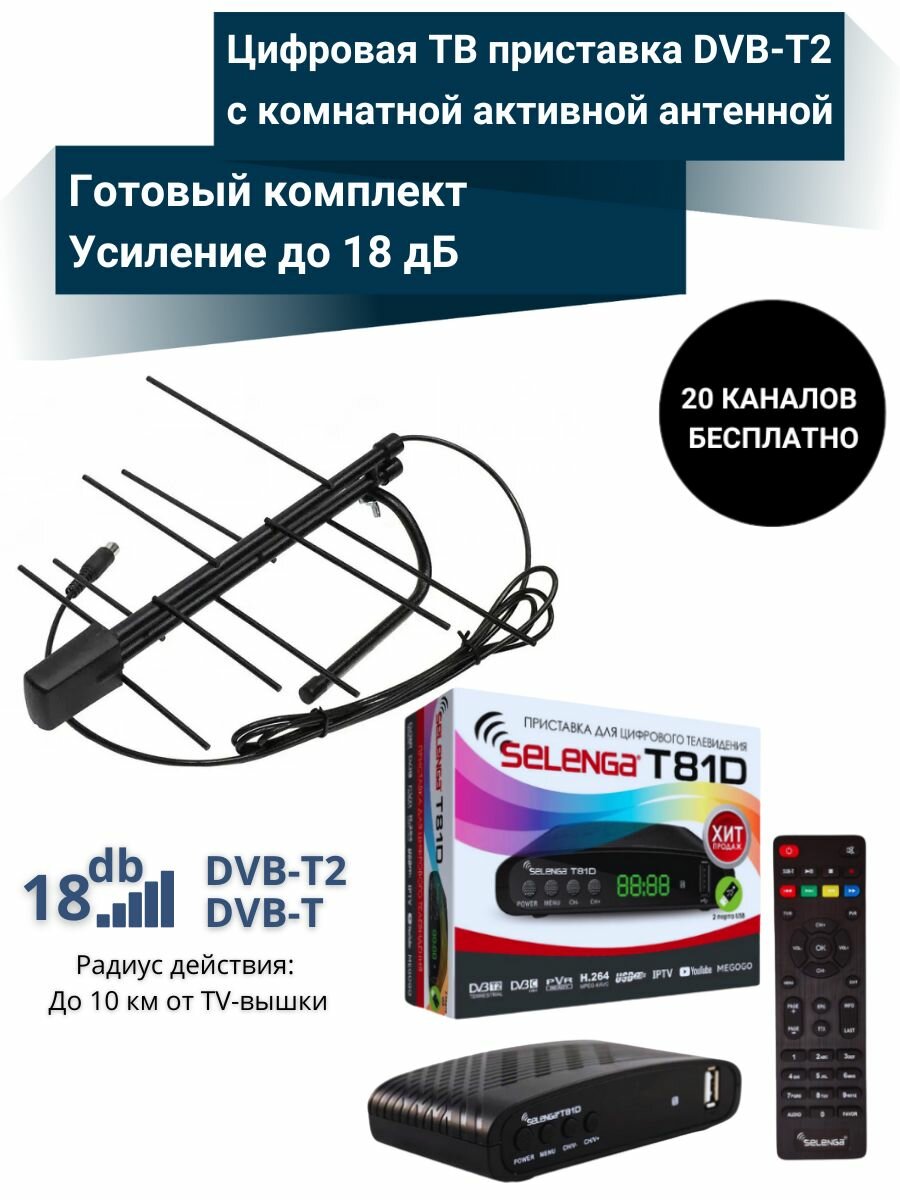 Цифровая ТВ приставка T81D DVB-T2 с активной антенной Кайман L941.10