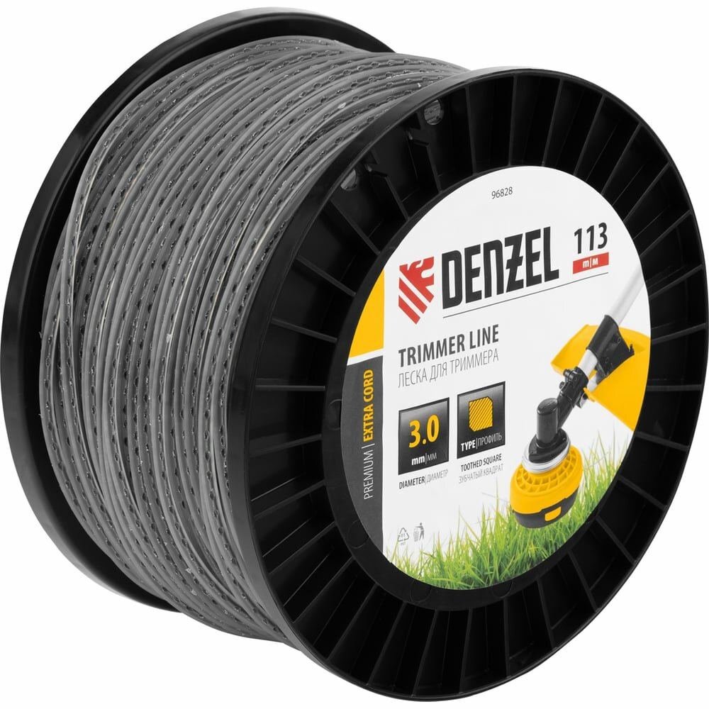 Леска двухкомпонентная EXTRA CORD (3 мм, 113 м, зубчатый квадрат, на DIN катушке) для триммера Denzel 96828