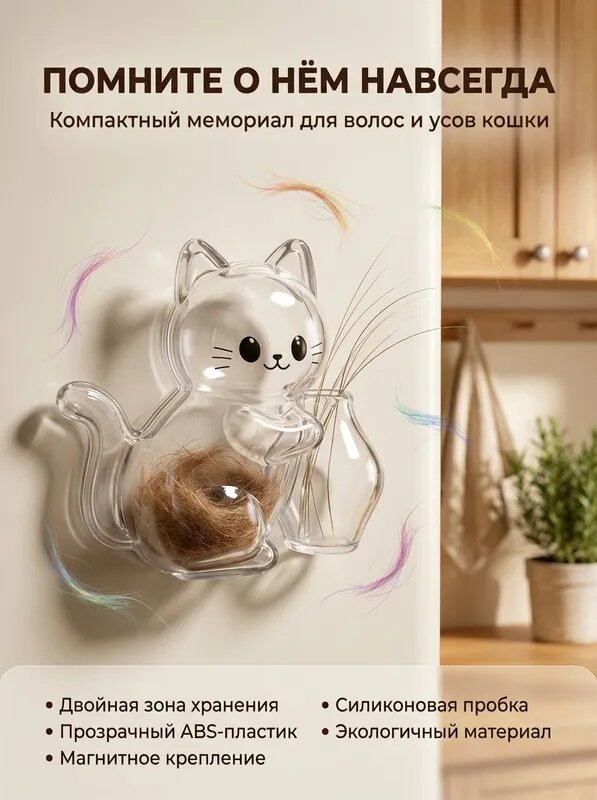 Прозрачный контейнер для кошачьих усов и шерсти Усятница с магнитом на холодильник