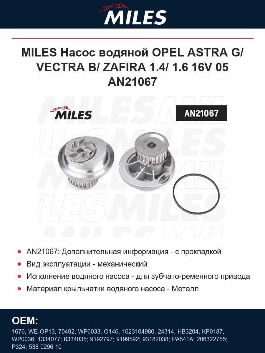 MILES Насос водяной OPEL ASTRA G/ VECTRA B/ ZAFIRA 1.4/ 1.6 16V 05 AN21067