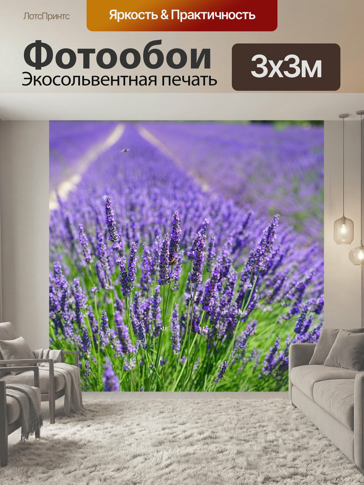 Фотообои "Выращивание лаванды, сиреневое поле, лаванда" 300x300 см. экосольвентная печать