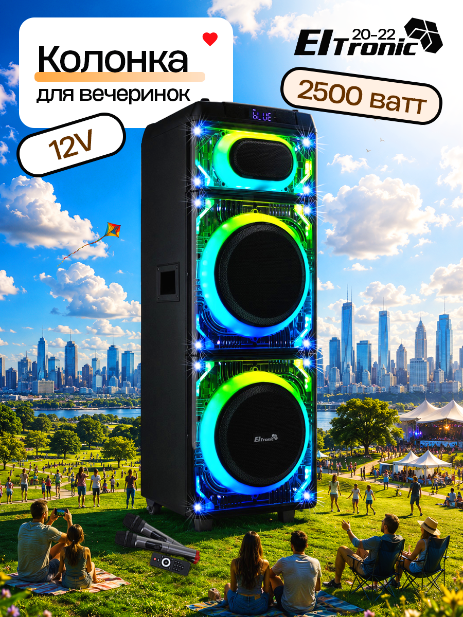 Музыкальная колонка с 2мя микрофонами Eltronic 20-22 "SKILLETS BOX" 2500", 10 дюймов