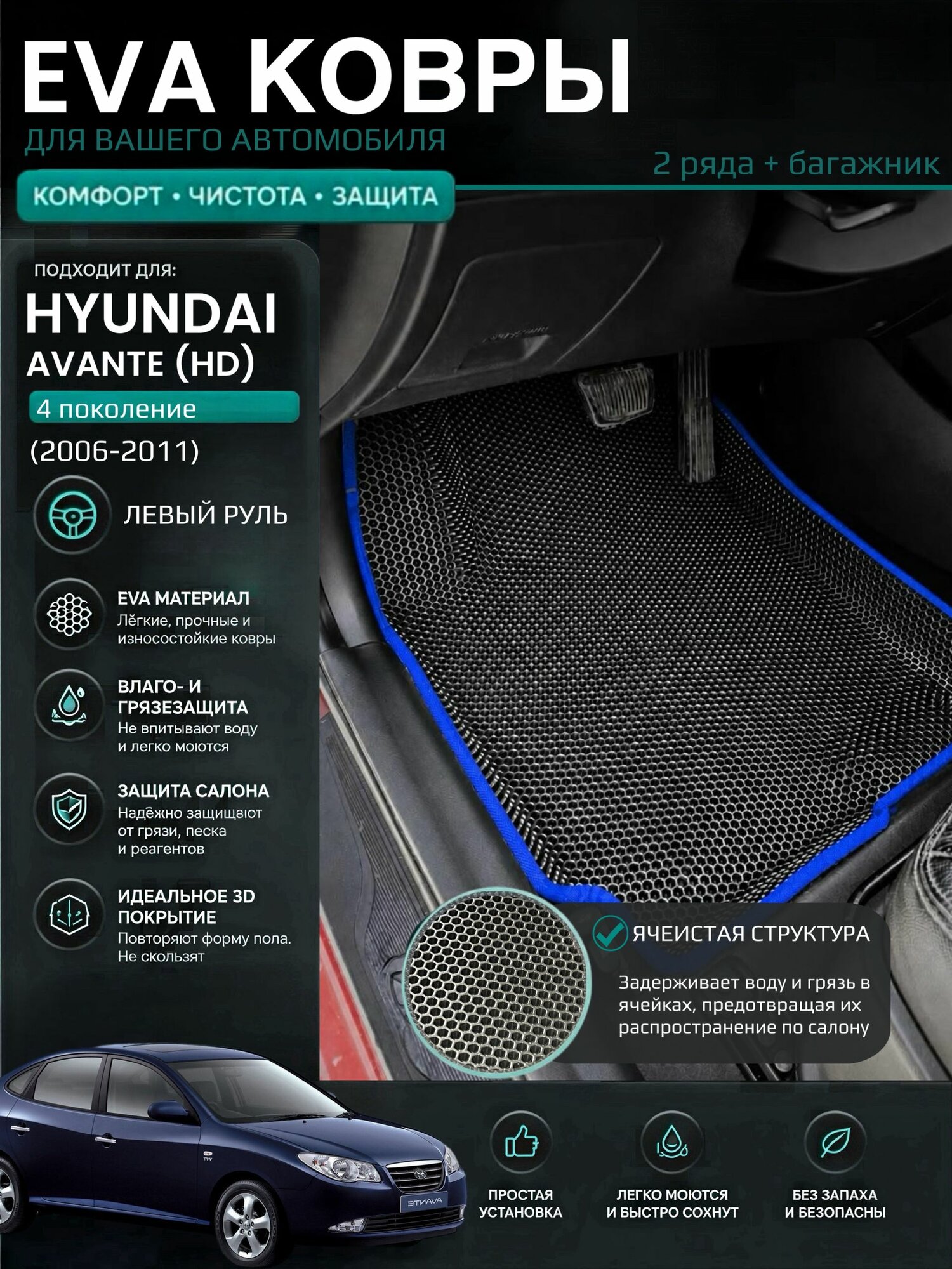 Eva ковры с бортами Hyundai Avante IV (HD) (2006-2011) Левый руль / Хендай Аванте 4 поколения 3D Эва Ева