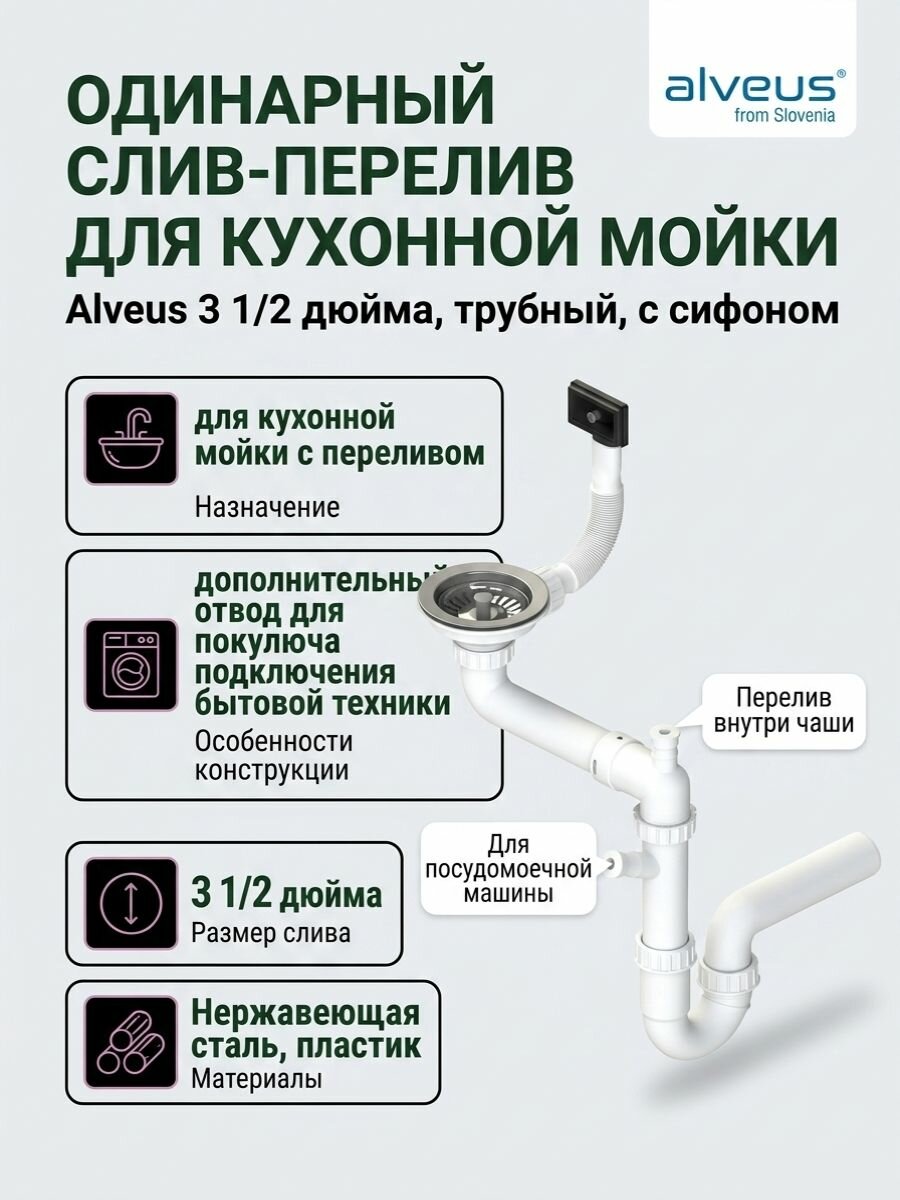 Одинарный трубный сифон ALVEUS для кухонной мойки с прямоугольным переливом и корзинчатым вентилем 3 1/2 дюйма (90мм). Сделано в Словении. ПВХ + полироприлен