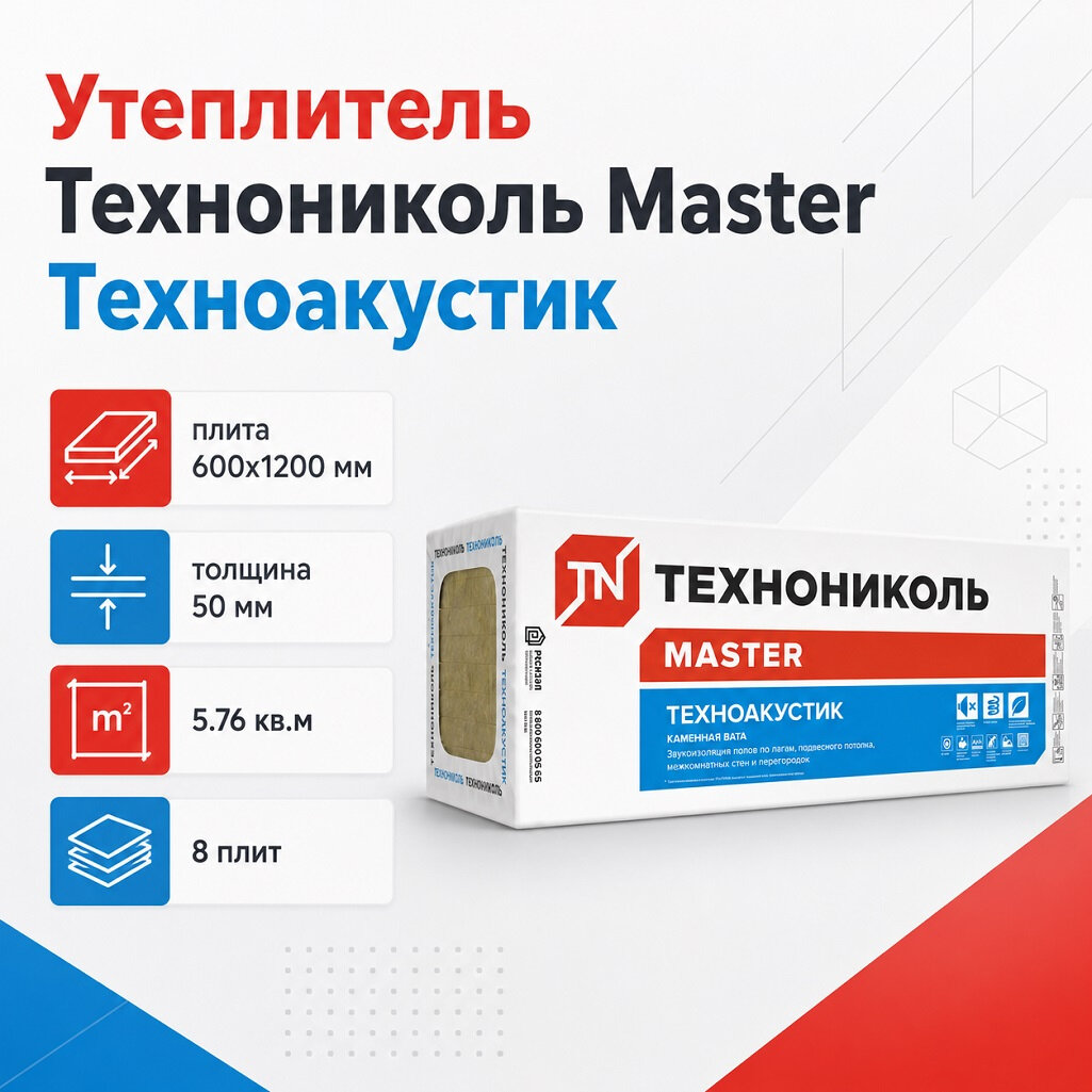 Утеплитель Технониколь Master Техноакустик 50х600х1200 мм, 5.76 кв. м, 8 плит, для подвесных потолков, перекрытий