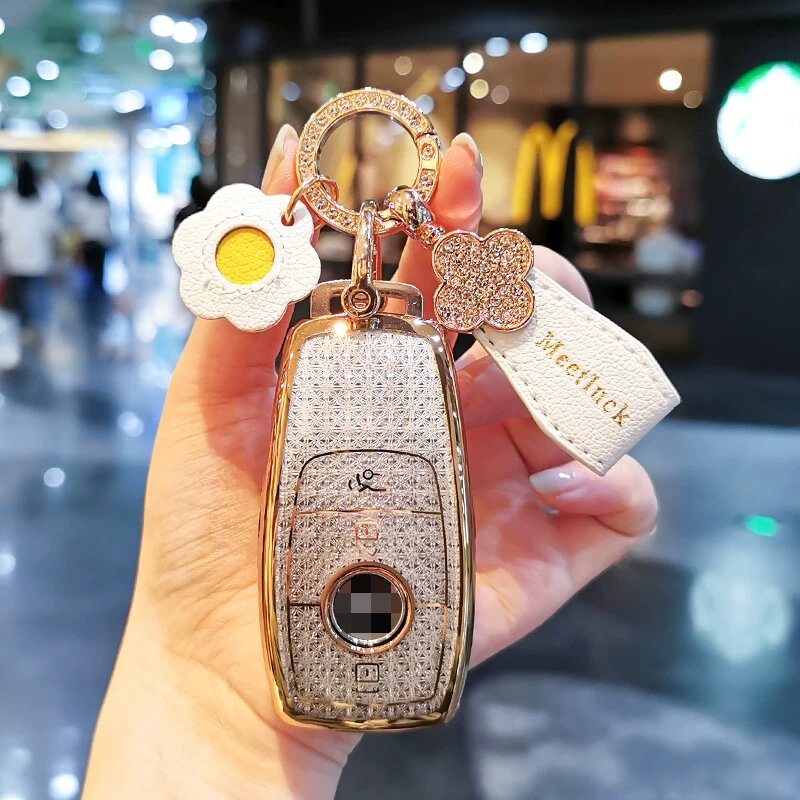 Ключевой чехол Mercedes - Белый с кристаллами с белым ремешком в виде ромашки для C260L E300L GLC