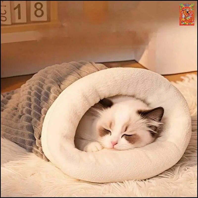 Тёплая кровать для кошки, уютная лежанка и спальный мешок