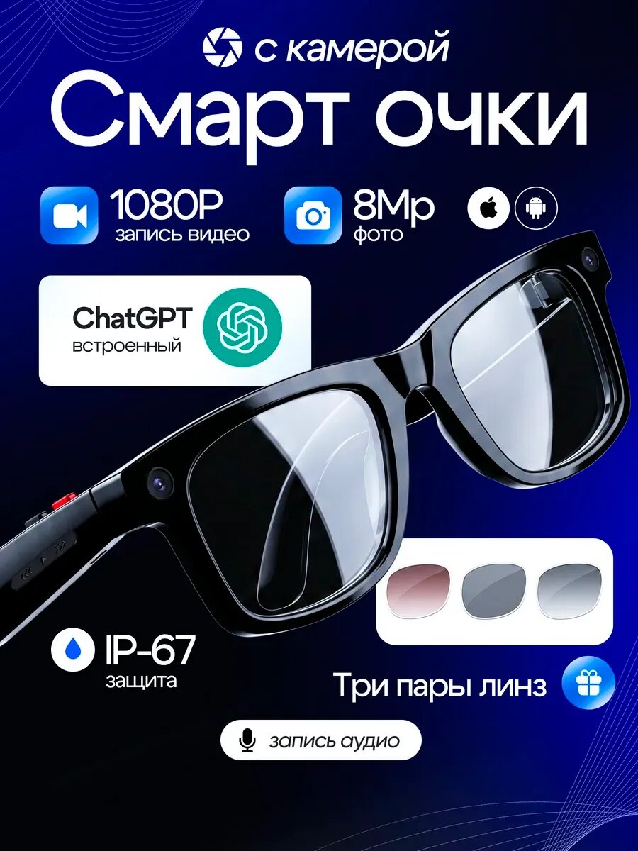 Умные очки JITE, оснащённые 8-мегапиксельной 1080p HD камерой и 3 парами линз