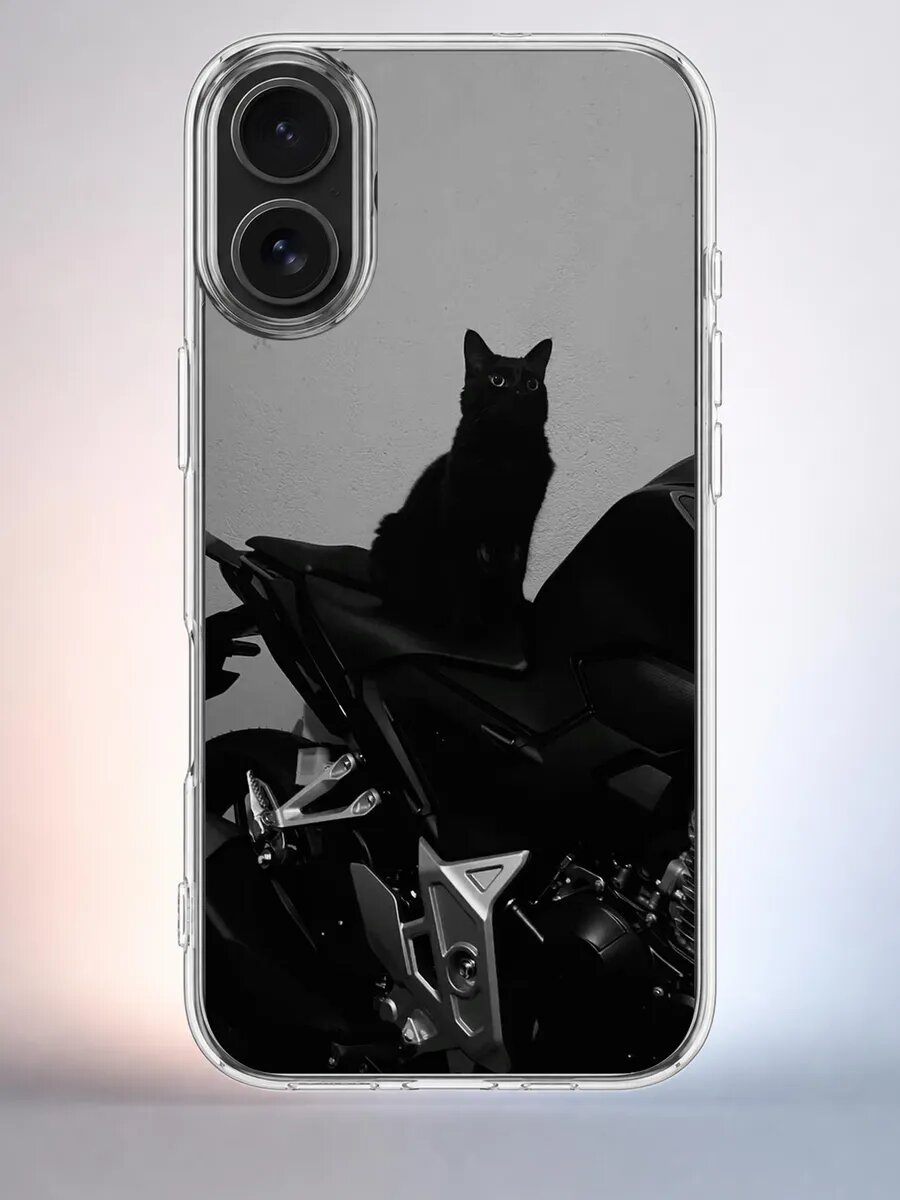 Чехол iPhone 16 мотоцикл кот на сиденье силиконовый