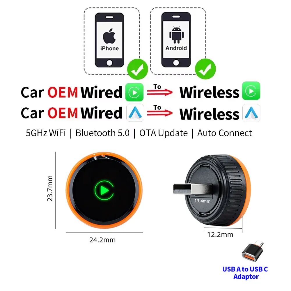 Беспроводной адаптер EKIY Mini для CarPlay и Android Auto, USB-донгл, подключение по Wi-Fi, EC15-GYC