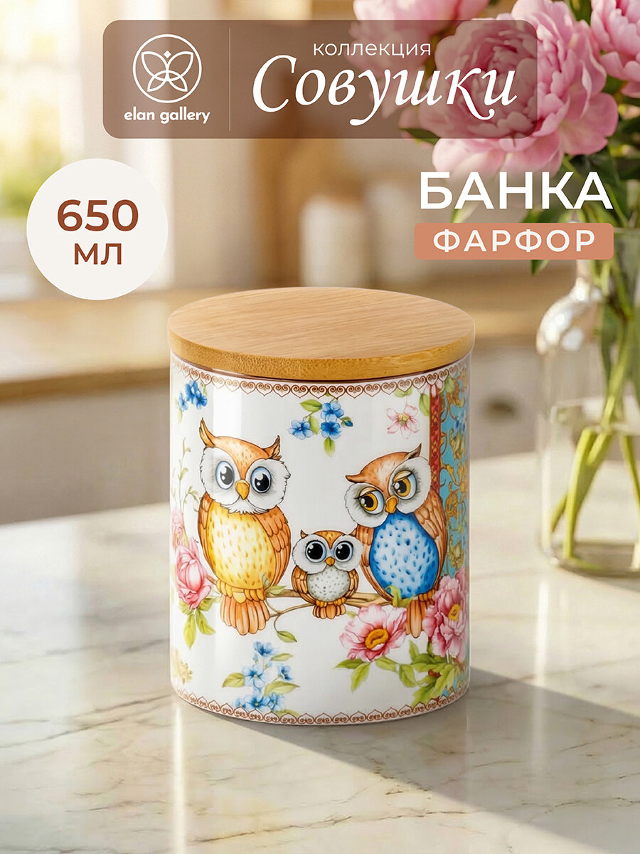 Банка для хранения сыпучих продуктов, соли, специй 650 мл Elan Gallery Совушки с крышкой с силиконовым уплотнителем