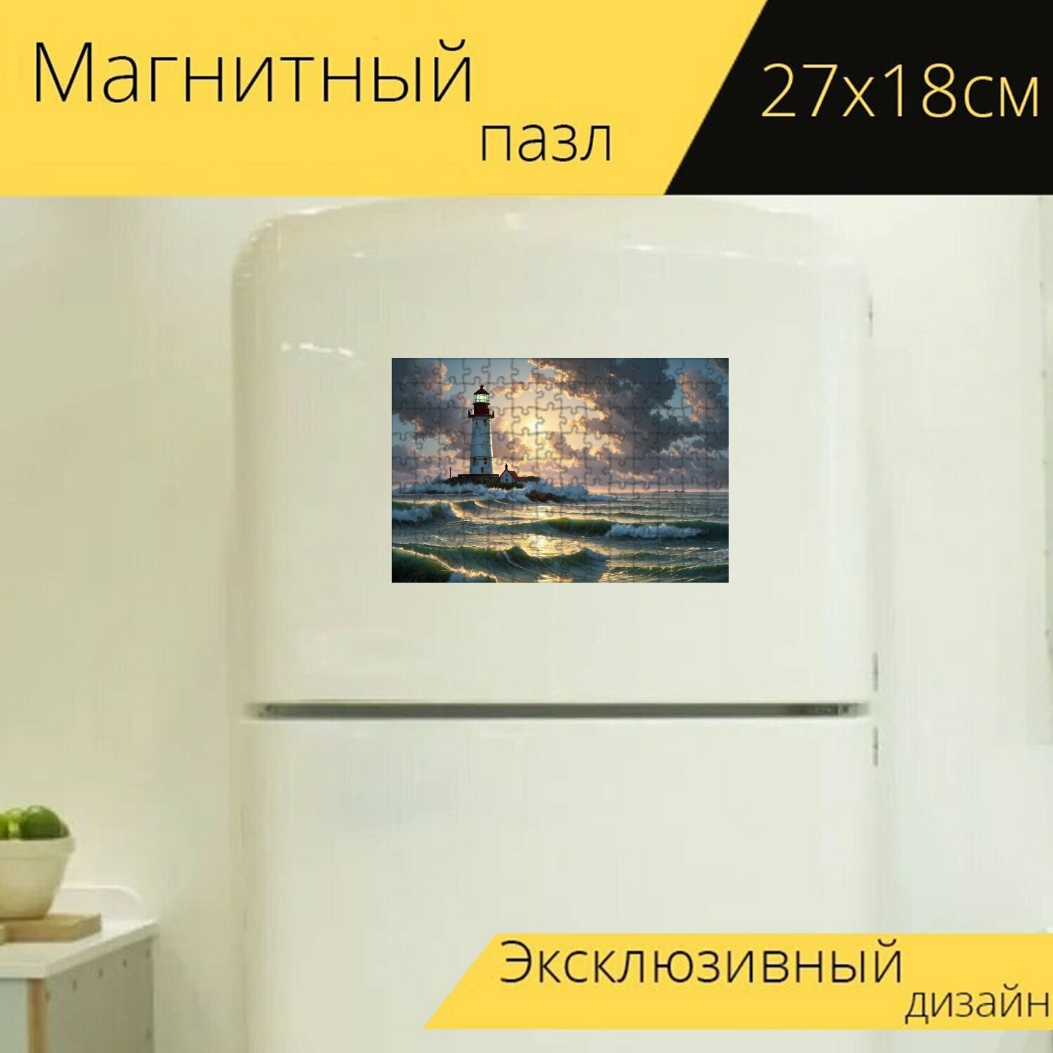 Магнитный пазл "Природа в стиле иван айвазовский, далекий маяк, освещающий путь в штормовом море" на холодильник 27 x 18 см.