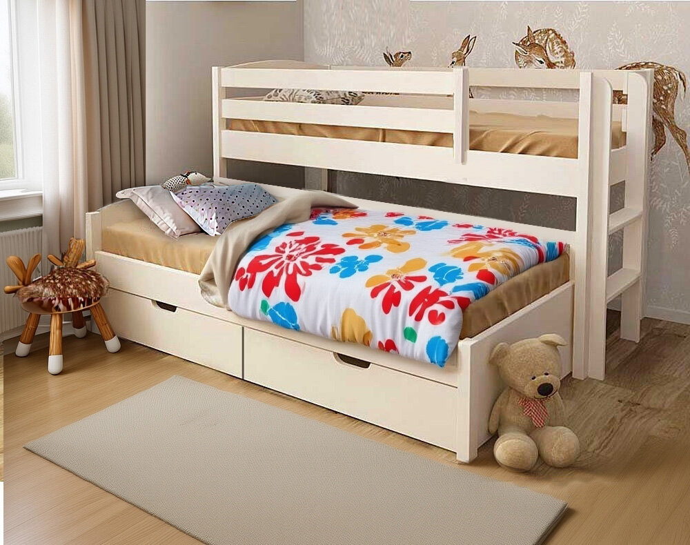 Кровать для 2-х детей выкатная венера 80х160 белая из массива с ящиками на роликах (без матраса)