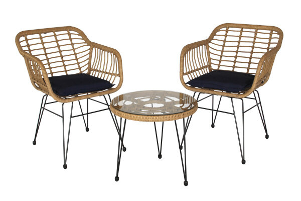 Набор мебели Адриан Мини арт. GS008 бежевый, синий (2 стула+стол Ø52см, каркас черный, ротанг беж.) "Garden story"