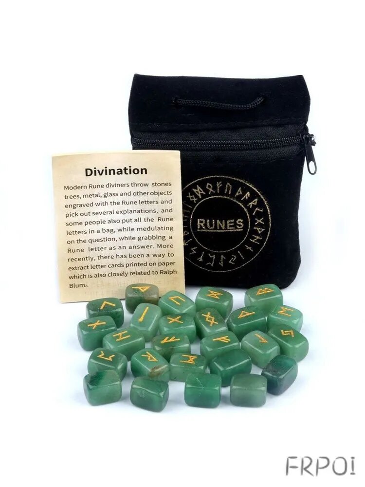 Руны скандинавские для гадания из Зеленого Авантюрина, Набор 25 шт из натурального камня с мешочком и инструкцией на русском. Денежный магнит