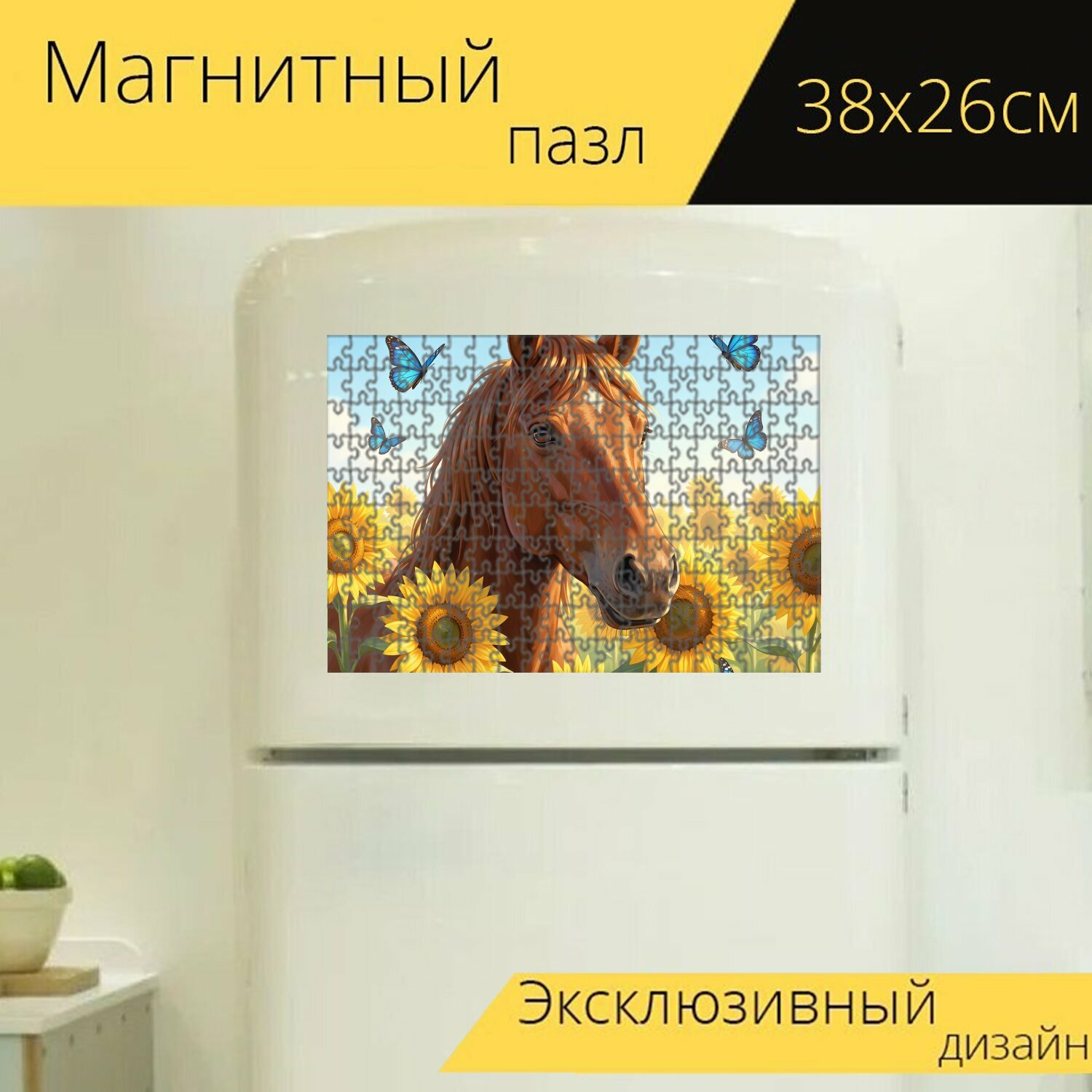 Магнитный пазл "Лошадь в подсолнухах и бабочках. Тёплая летняя сцена с благородным конём среди ярких жёлтых цветов и парящих синих крыльев. Мягкая цифровая." для интерьера, 38х26 см.