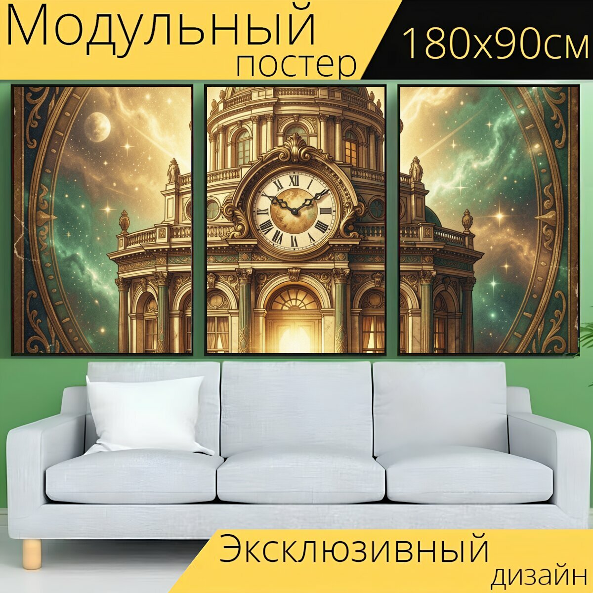 Модульный постер "Сказочный дворец с часами. Винтажный купольный особняк в стиле ар-нуво на фоне звездного космоса, луны и сияющих." 180 x 90 см. для интерьера на стену в тубусе