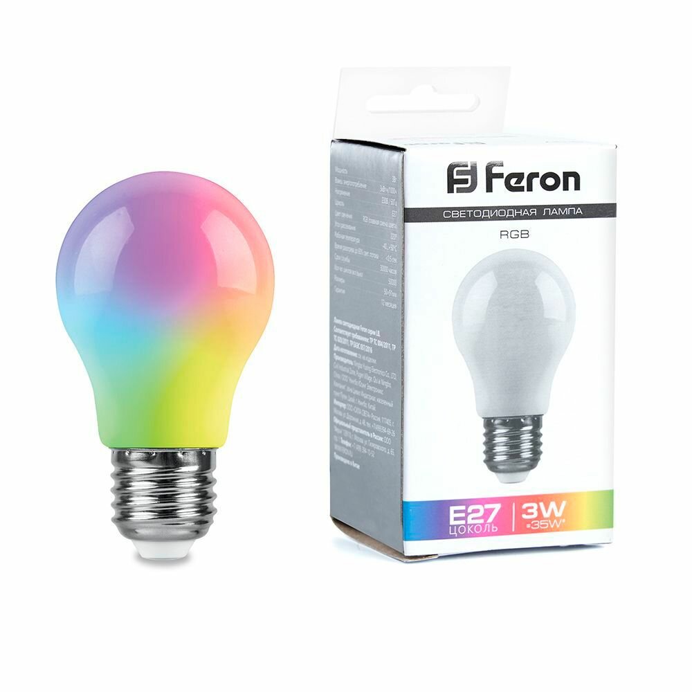 Лампа светодиодная E27 3 Вт A50 шар груша RGB Feron LB-375 38118