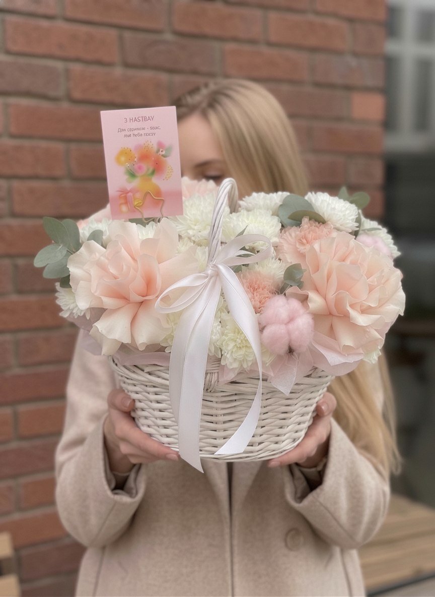 Красивая корзина с французской розой, хризантемой, диантусами и эвкалиптом