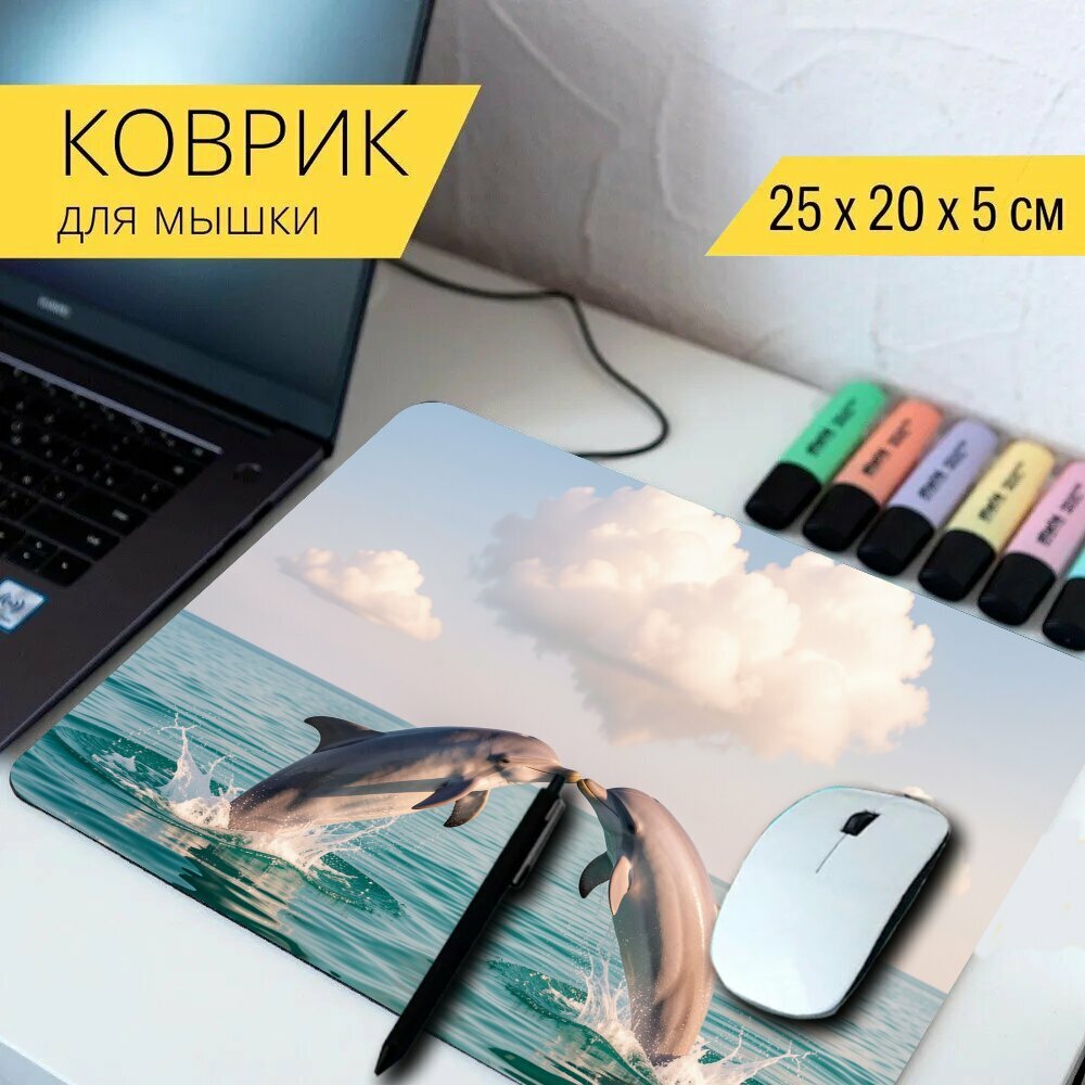 Коврик для мыши с принтом "Два дельфина и облако-сердце. Романтичная морская сцена: пара афалин выпрыгивает из бирюзовой воды навстречу друг другу, над горизонтом нежное." 25x20см.