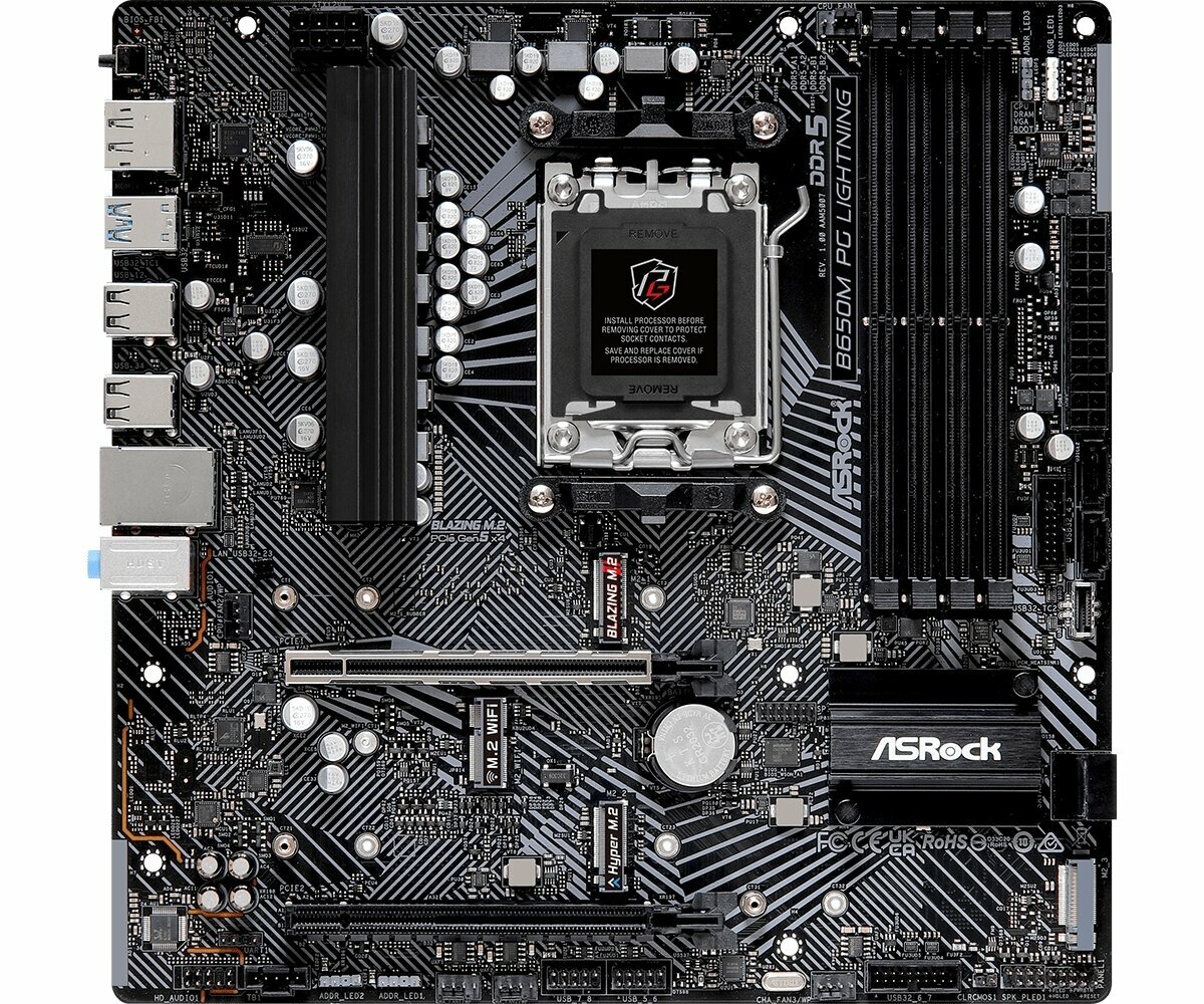 Материнская плата ASRock B650M PG Lightning, AM5, AMD B650, 4xDDR5, 4xSATA, 3xM.2, 1xPCIe 3.0 x4, 1xPCIe 4.0 x16, 1xDP, 1xHDMI, 1x2.5Gb LAN, 1xUSB 3.2 Gen 2, 2xUSB 3.2 Gen 1, 4xUSB 2.0, 3x3.5 мм, 7.1, Micro-ATX