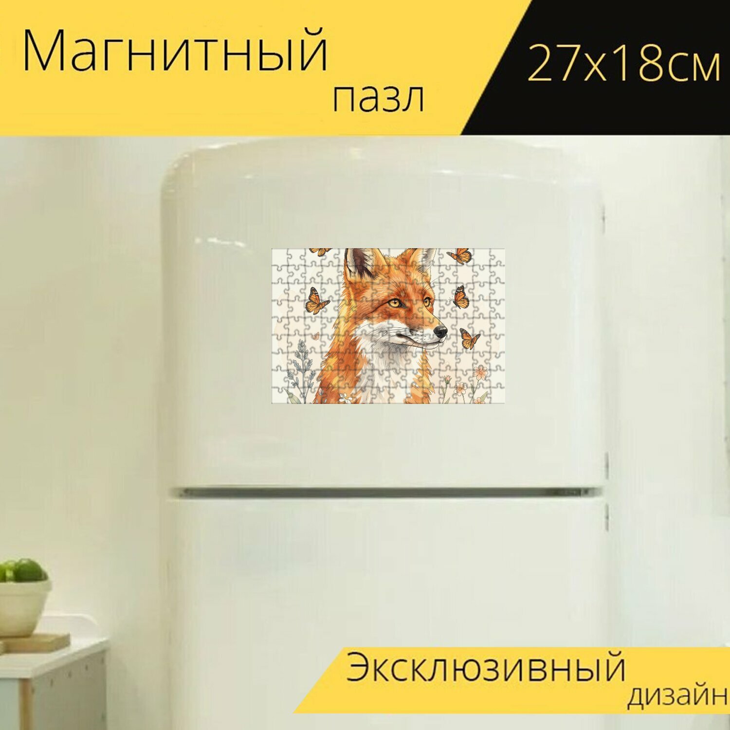 Магнитный пазл "Рыжая лиса с бабочками. Акварельная иллюстрация лесной хищницы среди полевых цветов и мотыльков. Теплые оранжевые, бежевые и пастельные." на холодильник 27 x 18 см.