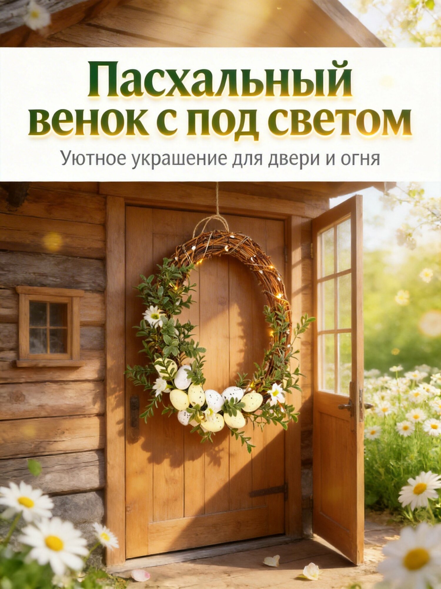 Пасхальный венок с подсветкой, теплый белый свет и компактный размер 30x25x6 см для дверей и окон, шнур 3 м, питание от 2 батареек