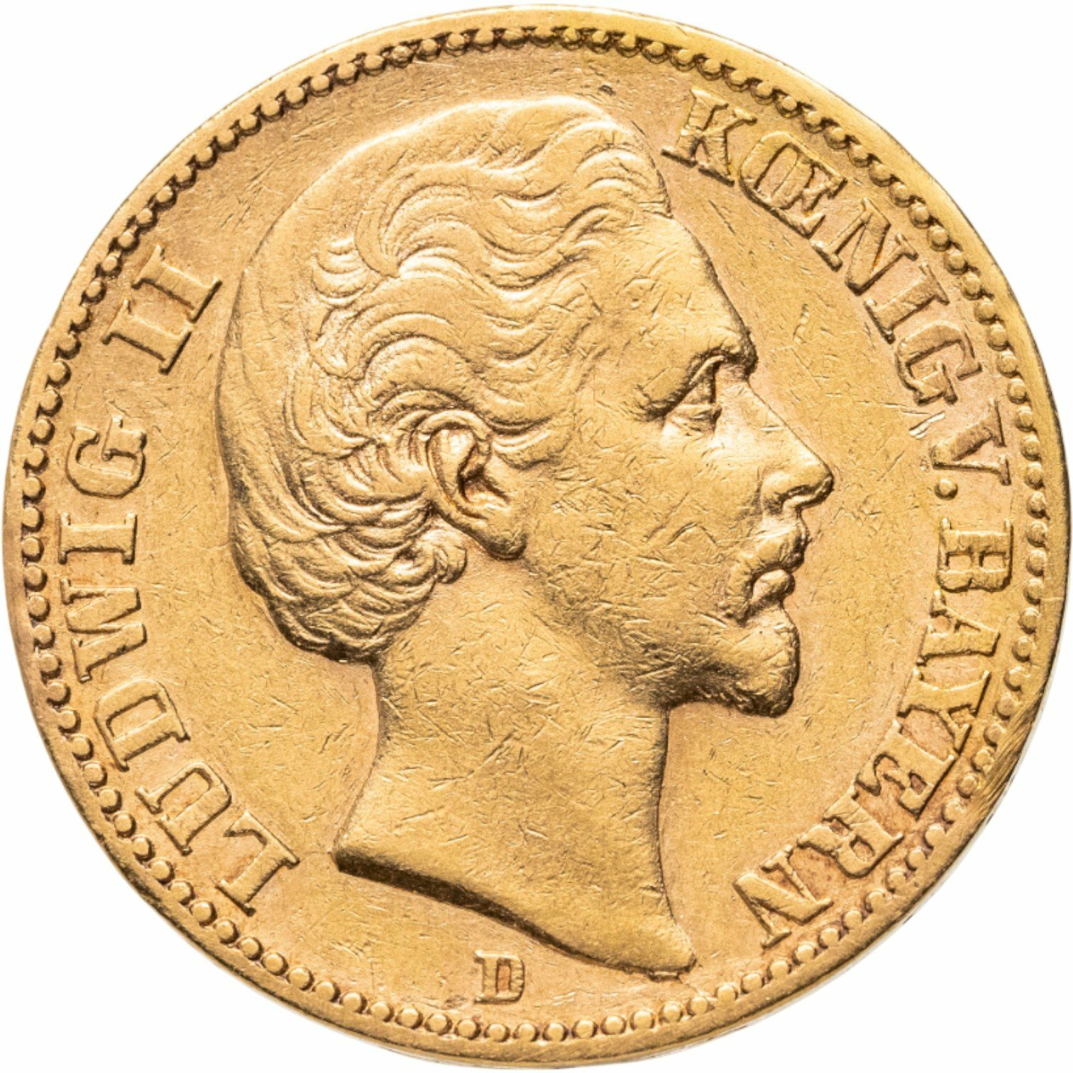 Германская империя Бавария 20 марок mark 1876, знак монетного двор: "D" - Мюнхен, Золото 900, в сохранности XF-AU