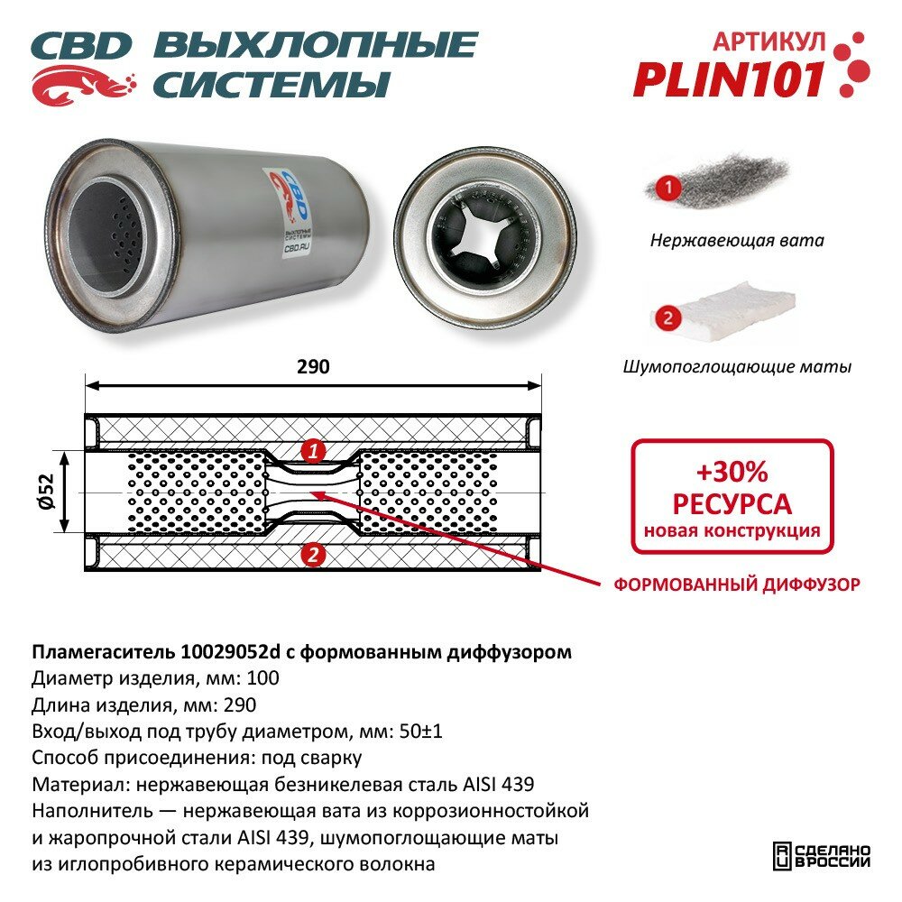 Пламегаситель 10029052d с перфорированным диффузором, из Нерж. стали. CBD. PLIN101