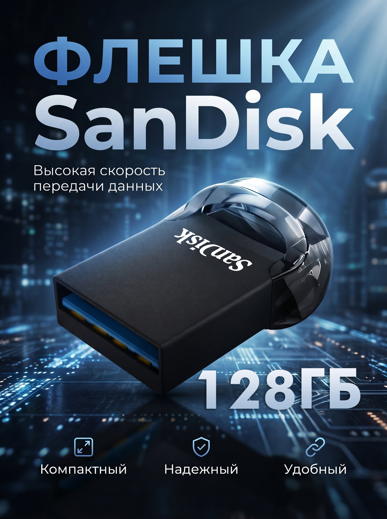 Флеш-накопитель SanDisk Ultra Fit USB 3.2, 128 ГБ, черный компактная