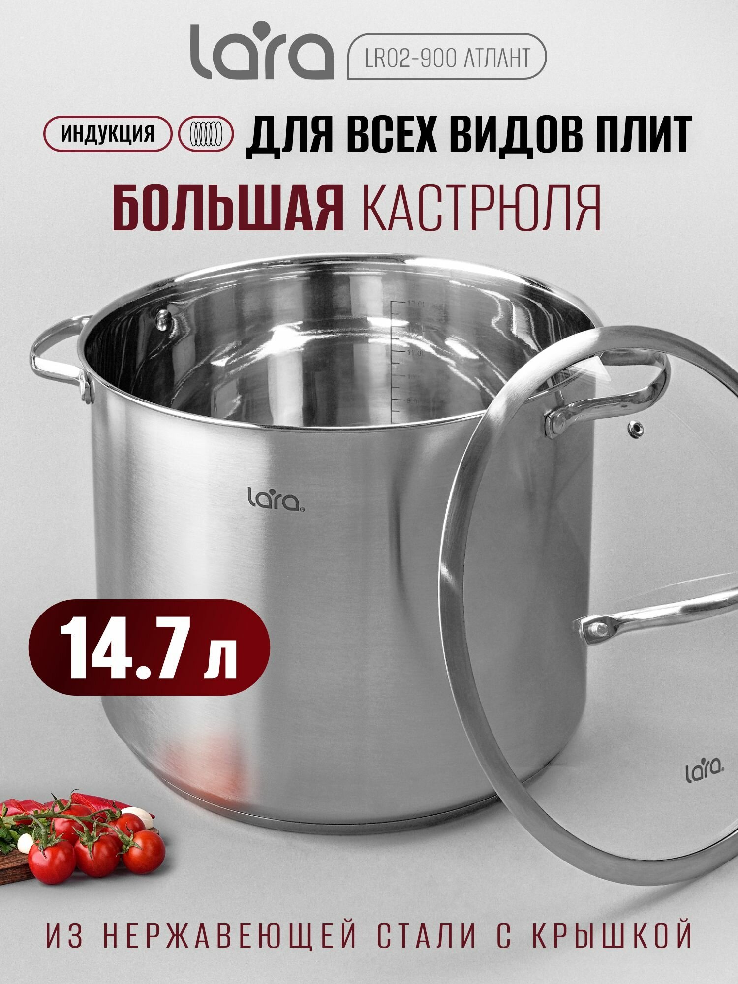 Большая кастрюля с крышкой из нержавеющей стали 14,7 л. для всех видов плит в т. ч. для индукционных плит LARA Атлант LR02-900