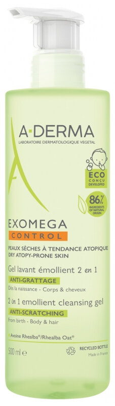 A-DERMA EXOMEGA CONTROL / Очищающий гель 2-в-1 для тела и волос, 500 мл