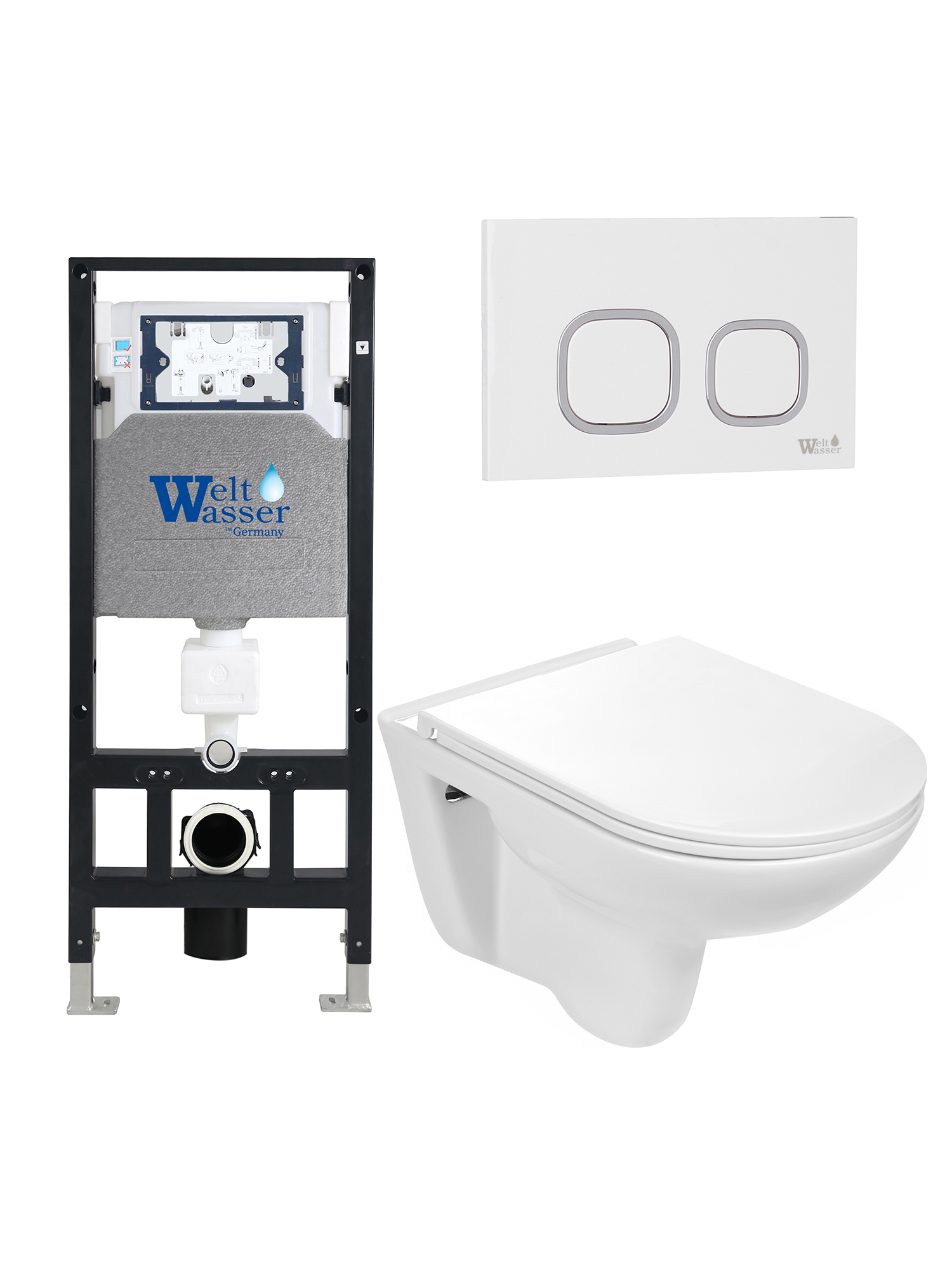 Комплект 3 в 1 Унитаз приставной WeltWasser BAARBACH 004 GL-WT безободковый+Инсталляция AMBERG 506 с кнопкой AMBERG RD-WT белая матовая