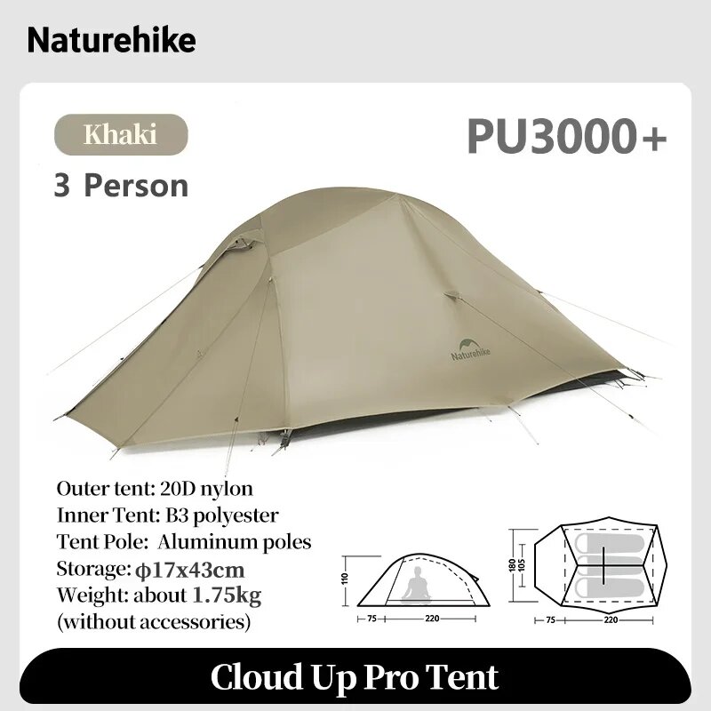 Палатка Naturehike Cloud Up Pro для кемпинга на 1-3 человека, ультralегкая 20D, для отдыха на открытом воздухе, походов, портативная, водонепроницаемая - Хакки - 3 человека