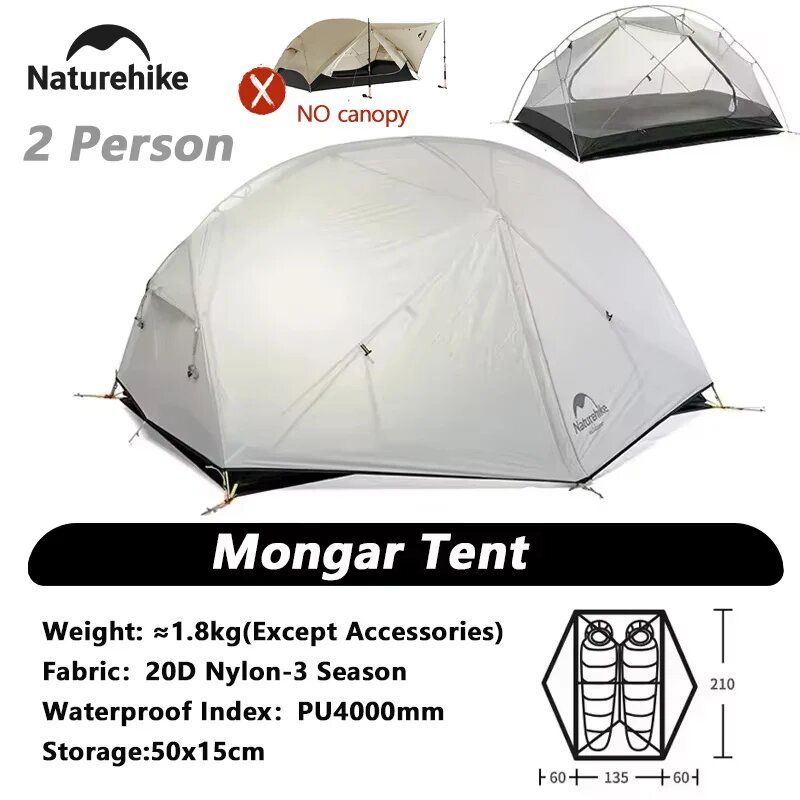 Палатка Naturehike Mongar 2 UL/PRO/Base для кемпинга, вмещает 1-3 человека, для откры-air путешествий, 15D водонепроницаемая ультralегкая рюксовая палатка-укрытие