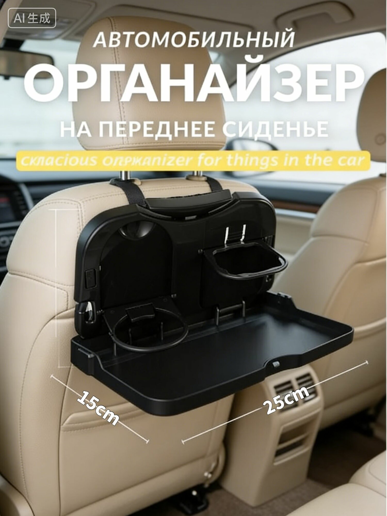 Автомобильный складной столик на спинку сидения 25x15x15 с подстаканниками и карманами для телефона и крючками.