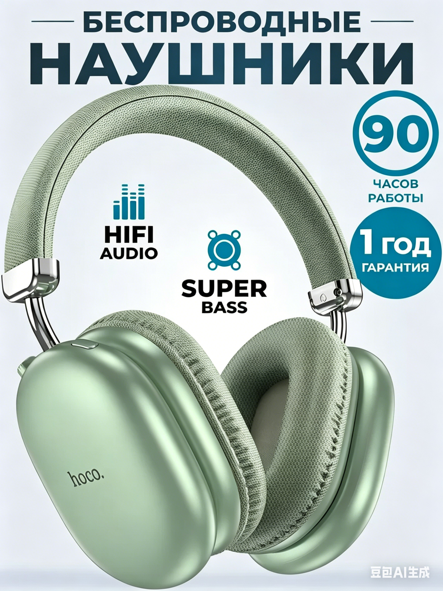 Hoco Наушники беспроводные с микрофоном Hoco W35 MAX, Bluetooth, 3.5 мм, USB Type-C, зеленый