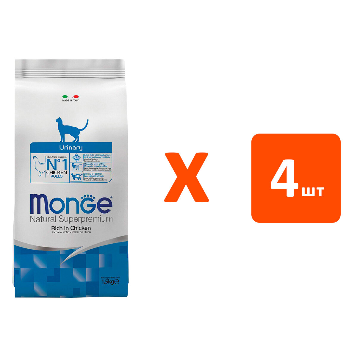 Корм сухой Monge Cat Urinary Chicken для взрослых кошек при мочекаменной болезни, курица, 1,5 кг 4 шт