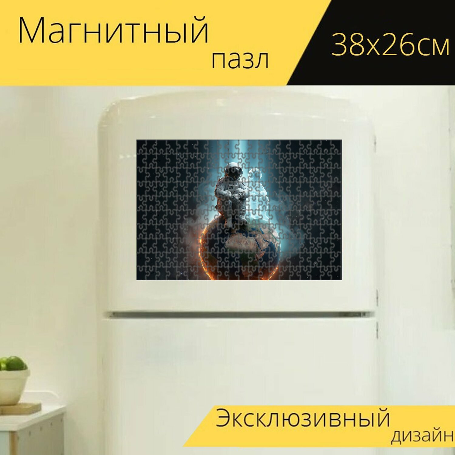 Магнитный пазл "Космонавты над Землёй в космосе. Фантастическая сцена с двумя астронавтами на фоне планеты и звёздного неба, холодное голубое свечение." для интерьера, 38х26 см.