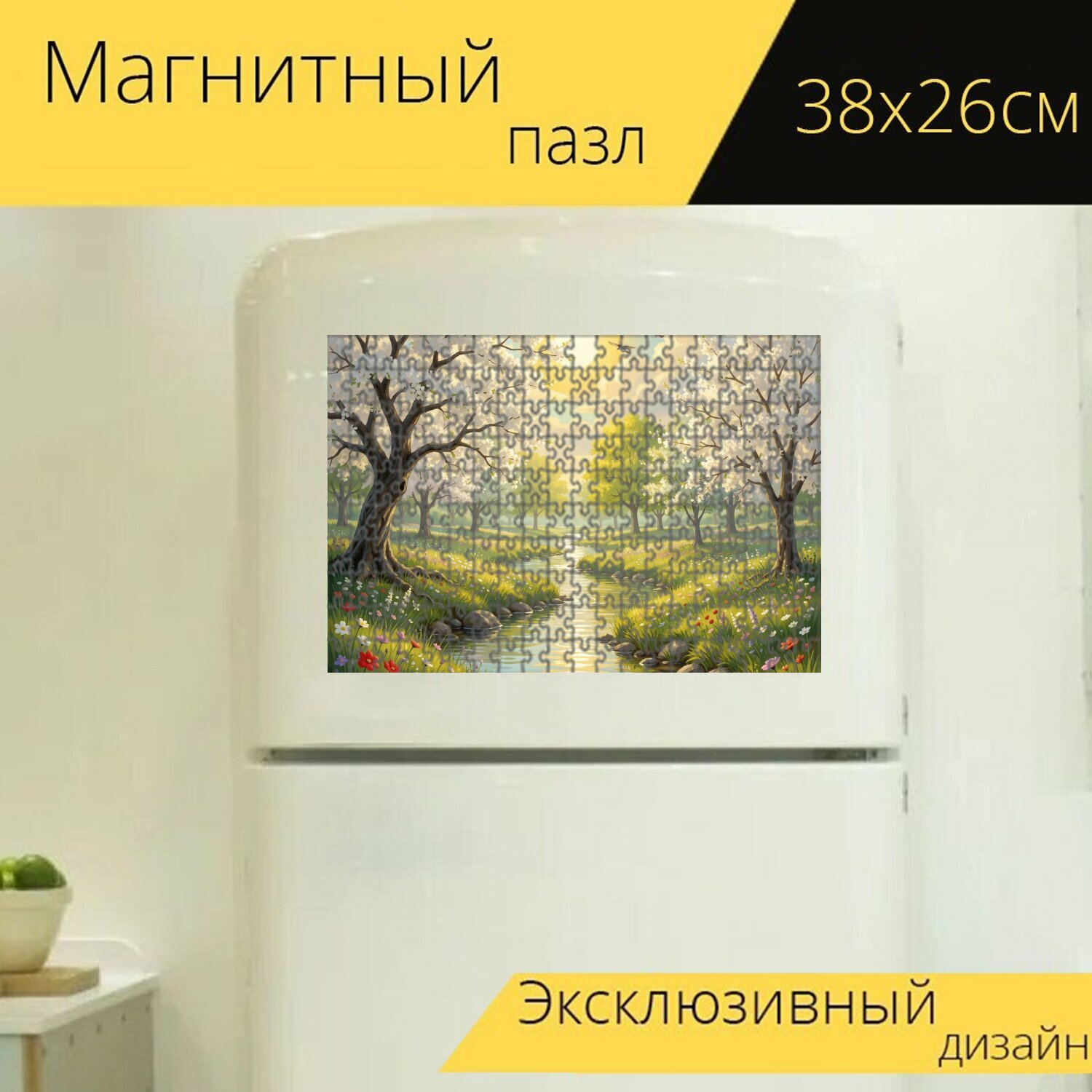 Магнитный пазл "Весенний сад у ручья. Светлая природная композиция в нежной живописной манере: цветущие деревья, извилистая вода, зеленые луга и солнечное." для интерьера, 38х26 см.