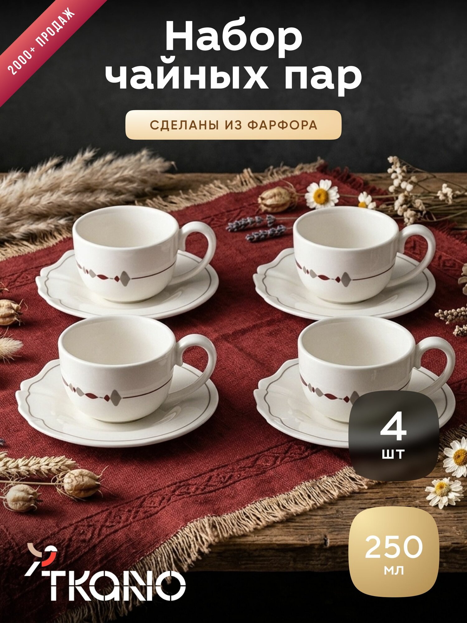 Набор из чайных пар Tkano из коллекции Canto, 240 мл, фарфор, 4 шт.