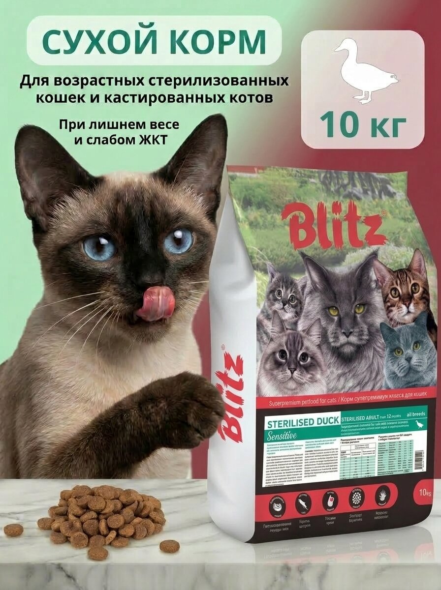 Сухой корм Blitz Sensitive для для стерилизованных кошек, с уткой, 10 кг