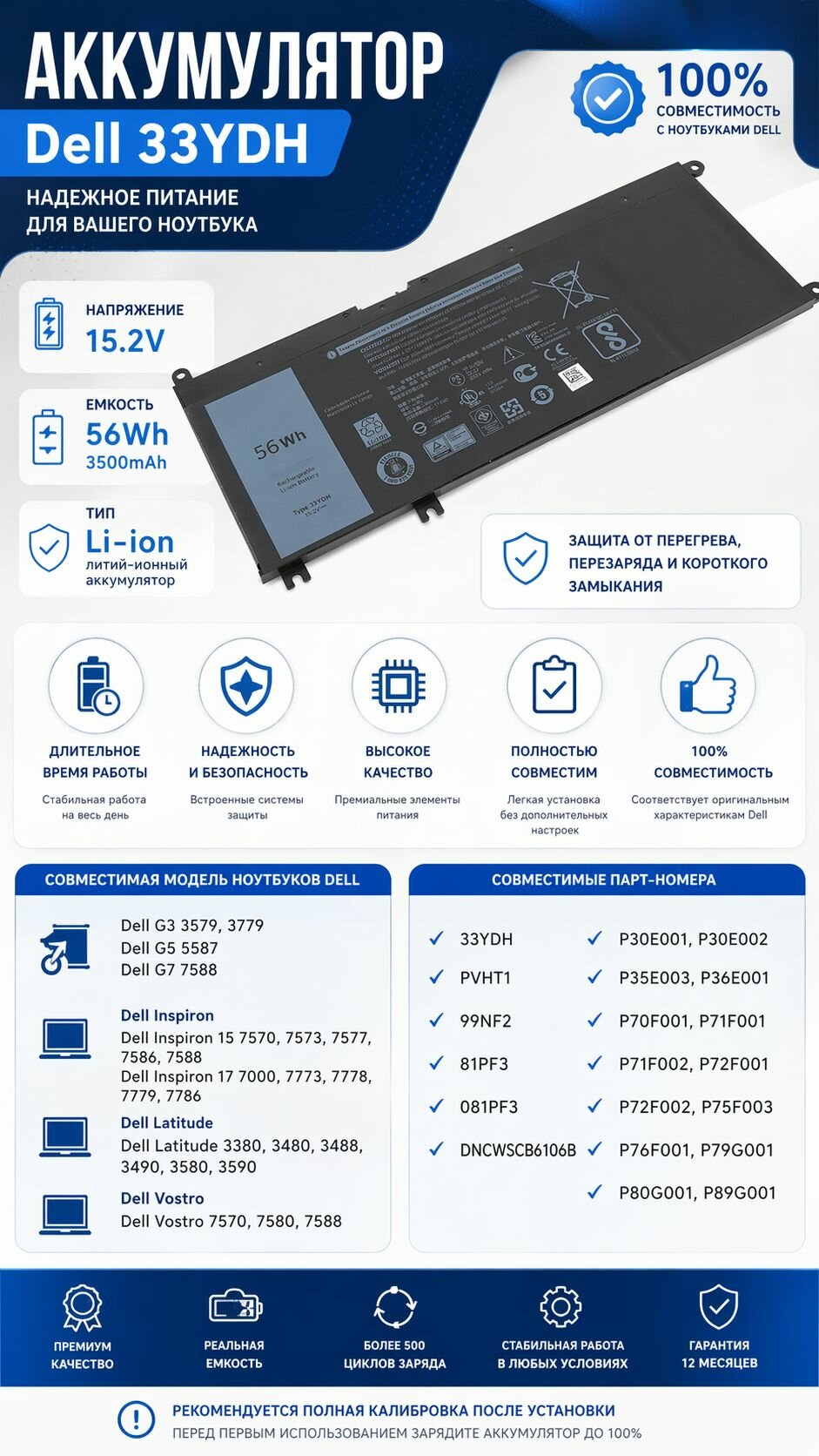 Аккумулятор Premium Dell 33YDH 15.2V 56Wh 3500mAh