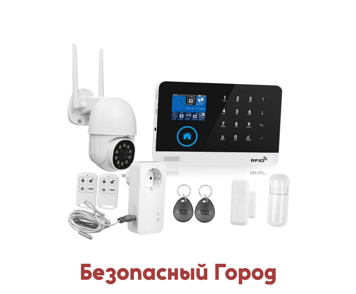 GSM Wi-Fi сигнализация с уличной камерой и умной розеткой с датчиком t для офиса: HDком 9826(ASW5) и Страж Око+ и Страж W130-T (U59544AN)