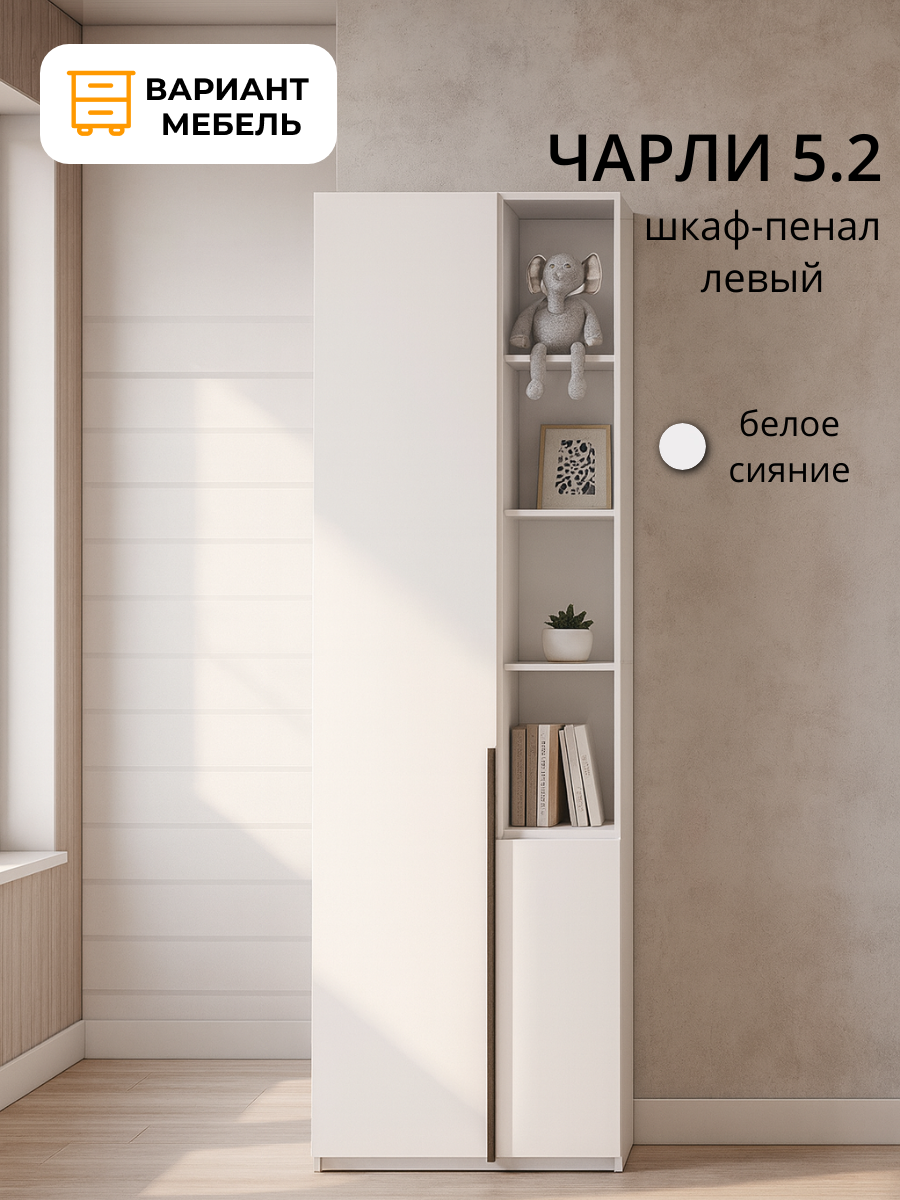 Шкаф-пенал Чарли 5.2 левосторонний Белый, со стеллажом, с полками